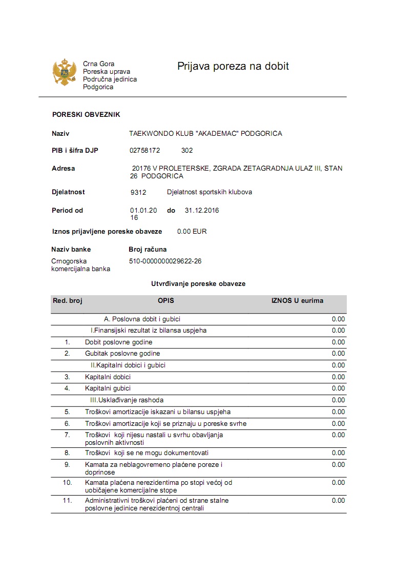 Prijava poreza na dobit str.1 2016 | Tae Kwon Do Klub AKADEMAC
